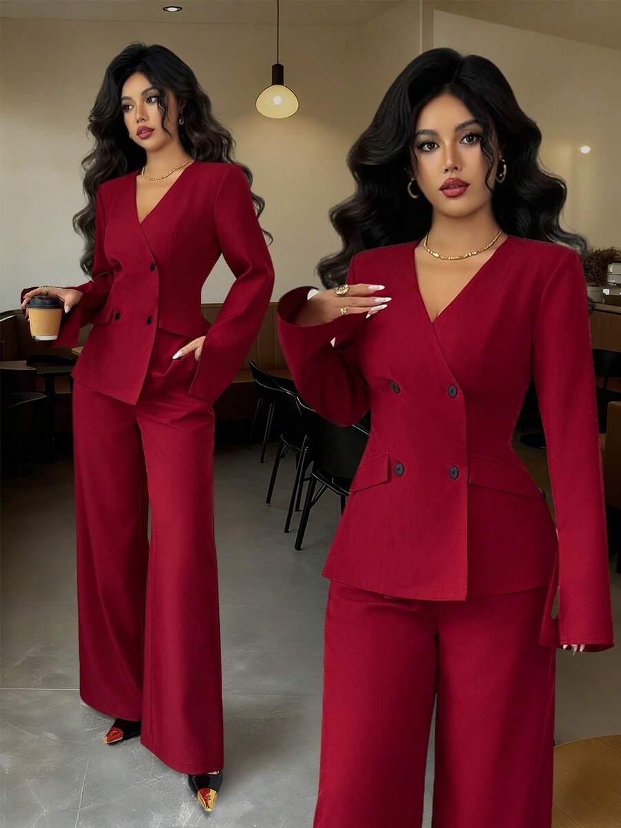 SHEIN Elenzya Dames effen stoffen open voorkant dubbelrijs V-hals ...