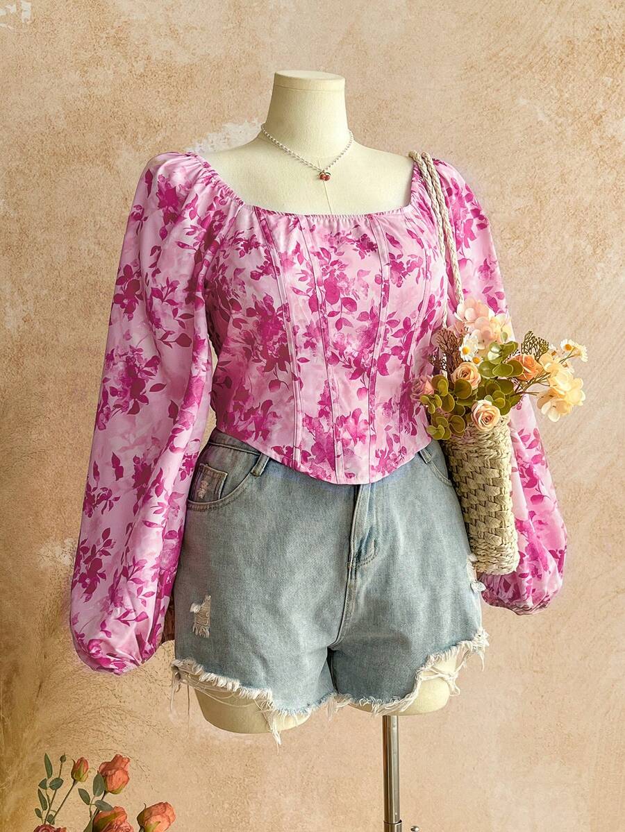 Soleia Plus Size Women Floral Print Square Neck Long Sleeve Blouse ...