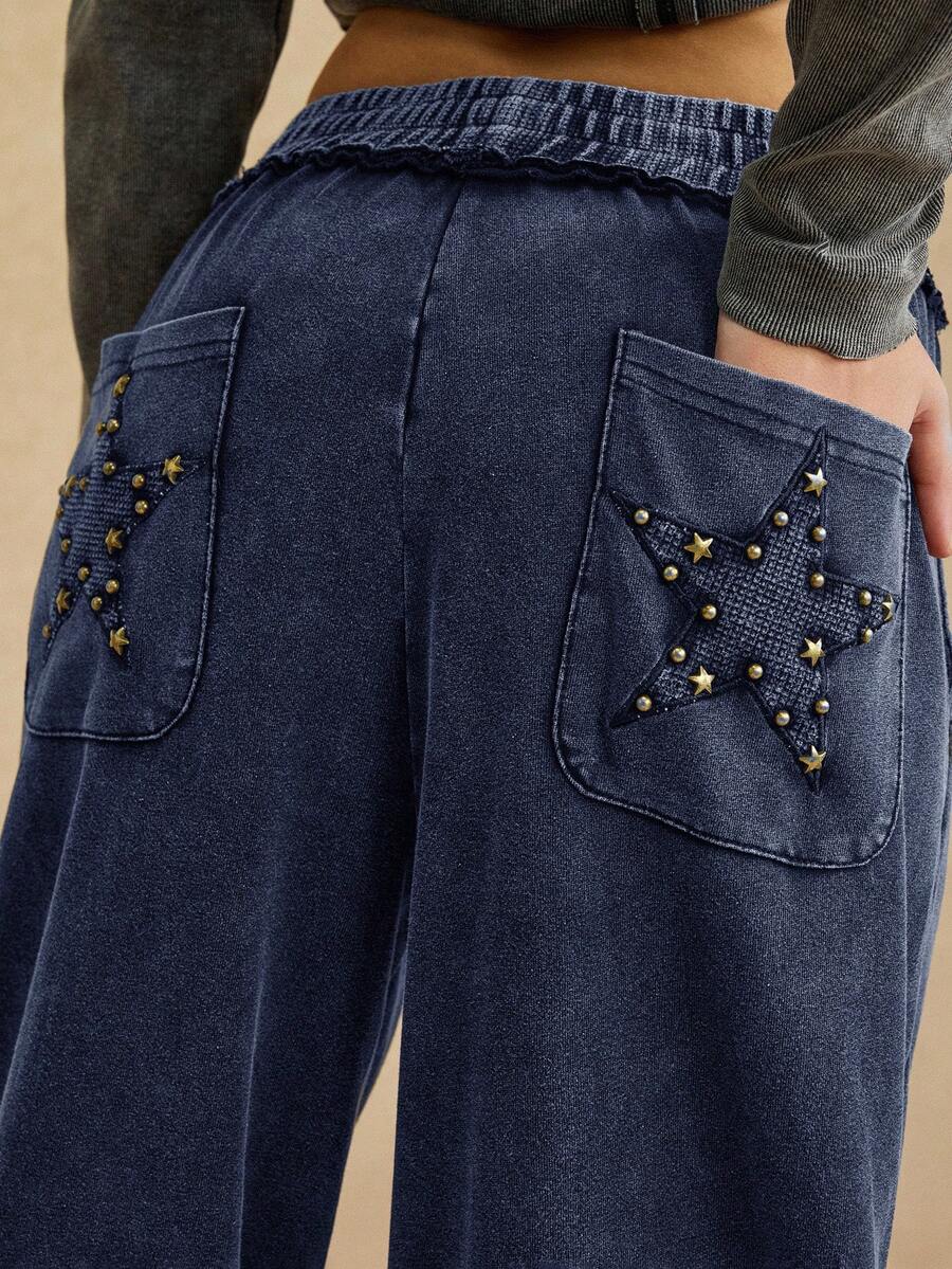 Easelle Women's Pentagram Embroidered Pocket Knitted Wide Leg Acid ...