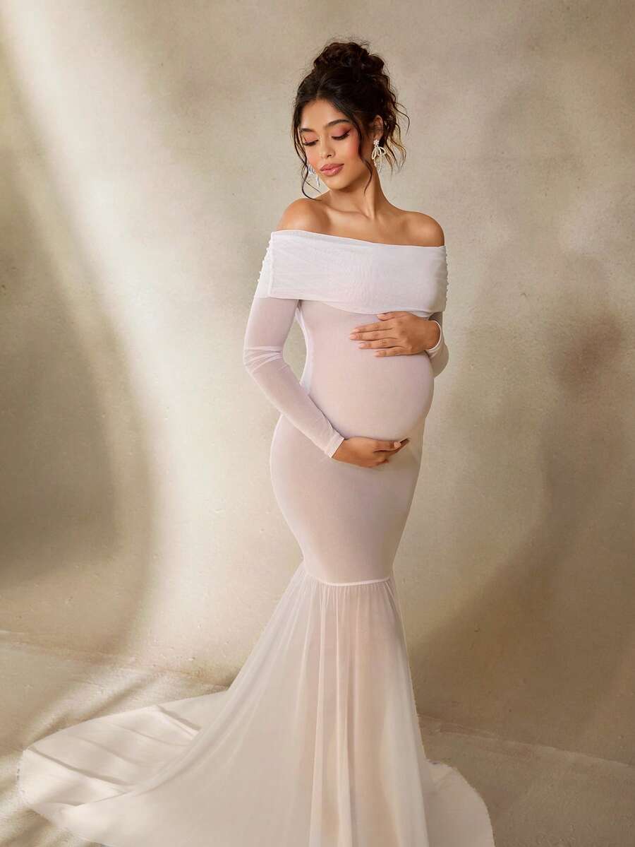 Cheriluna Maternity Zwangerschapsfotoshootjurk, off-shoulder maxi-jurk met lange mouwen en mesh ...