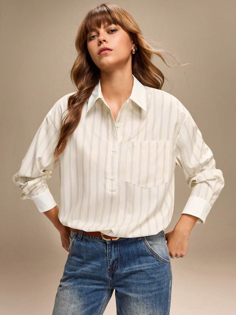 Hanevo Striped Long Sleeve Patchwork Button Casual Commuter Outdoor ...