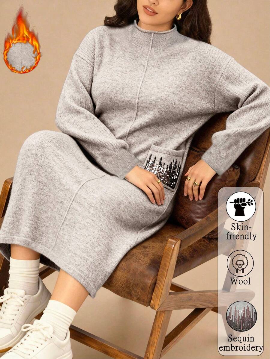 EMERY ROSE Plus Size Women Knitted Solid Color Knitted Dress ...