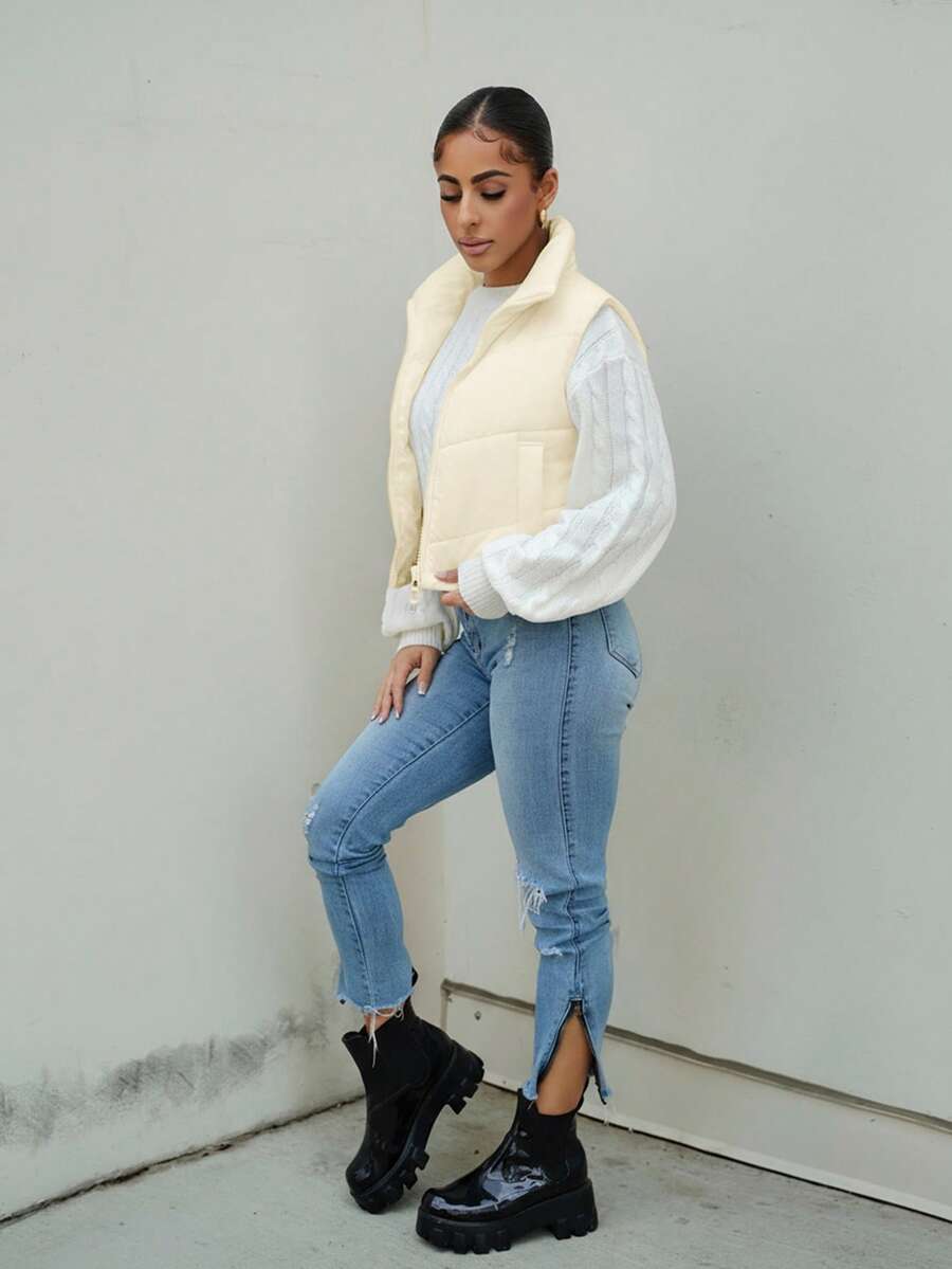 SAYEHFBABY Dames effen rits voorkant casual korte gewatteerde vest ...