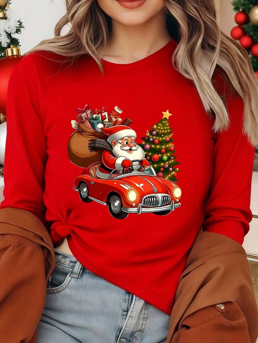 EMERY ROSE Women's Casual Santa Claus Print Crew Neck Long Sleeve T ...