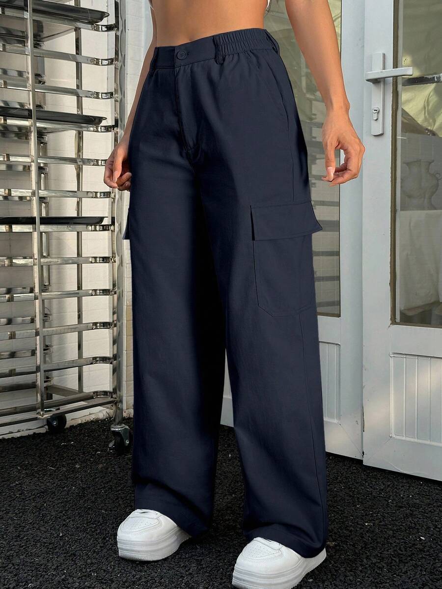 Flirla Vintage Versatile Navy Blue Cargo Straight Leg Pants, Loose Fit ...