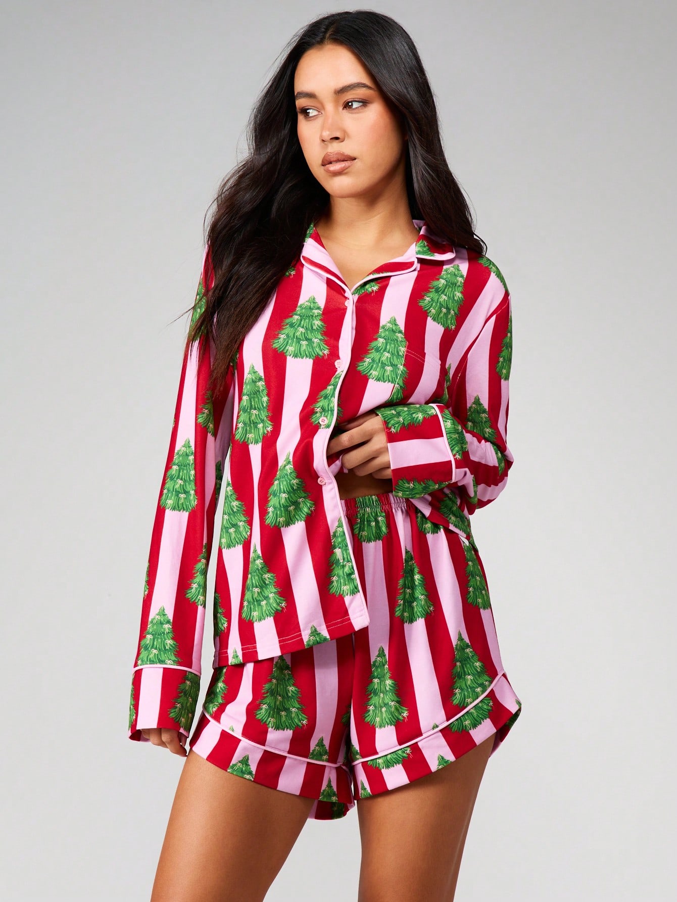 MISSGUIDED Christmas Tree Striped Pajama Set With Button Front｜MISSGUIDED