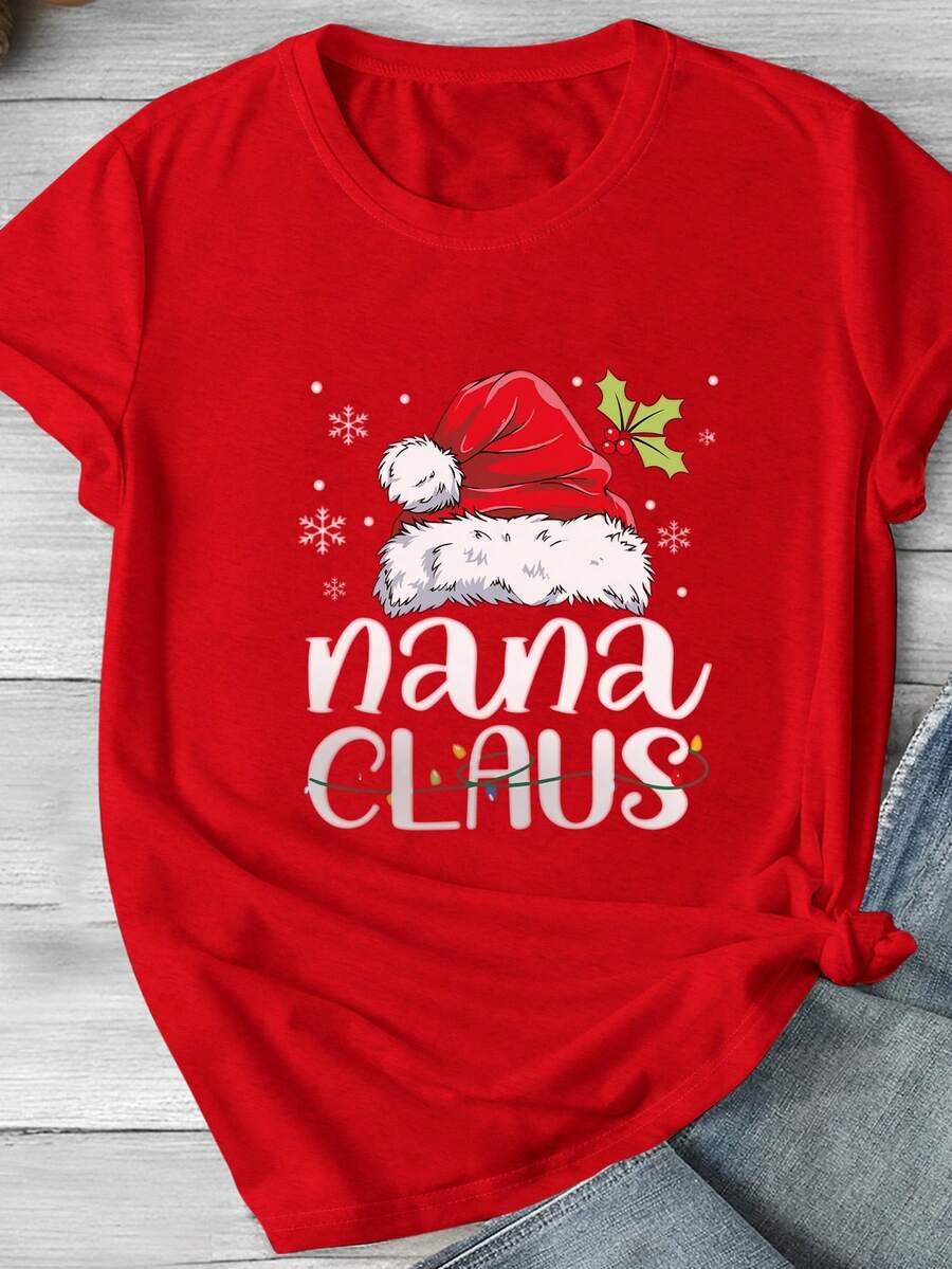 EMERY ROSE Plus Size Christmas Santa Hat Print Casual Short Sleeve T ...