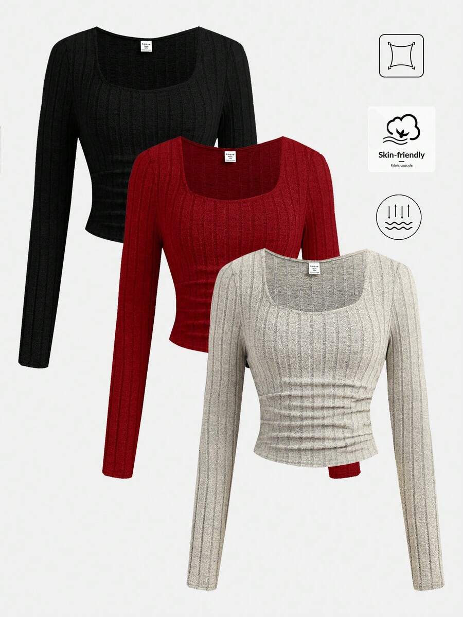 SHEIN 3pcs/Pack Solid Color Long Sleeve T-Shirts For Teen Girls, Basic ...