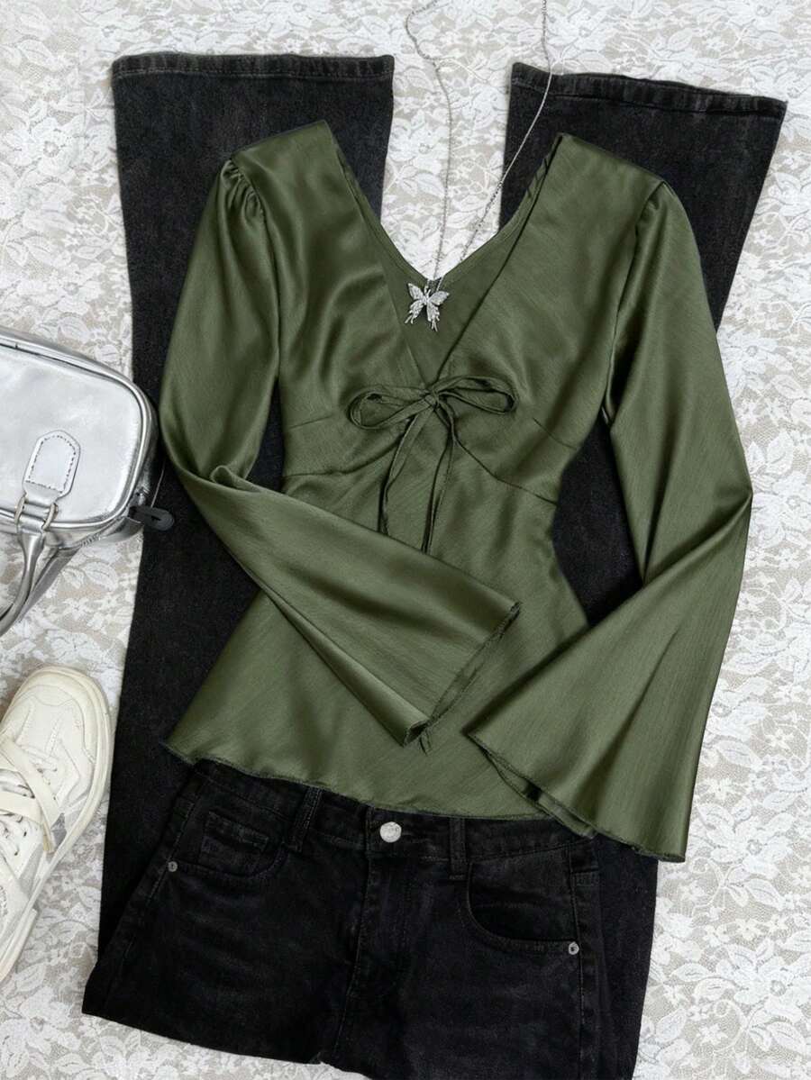 Rina Fox Women's Elegant Satin V-Neck Flare Sleeve Top, Green for Sale ...