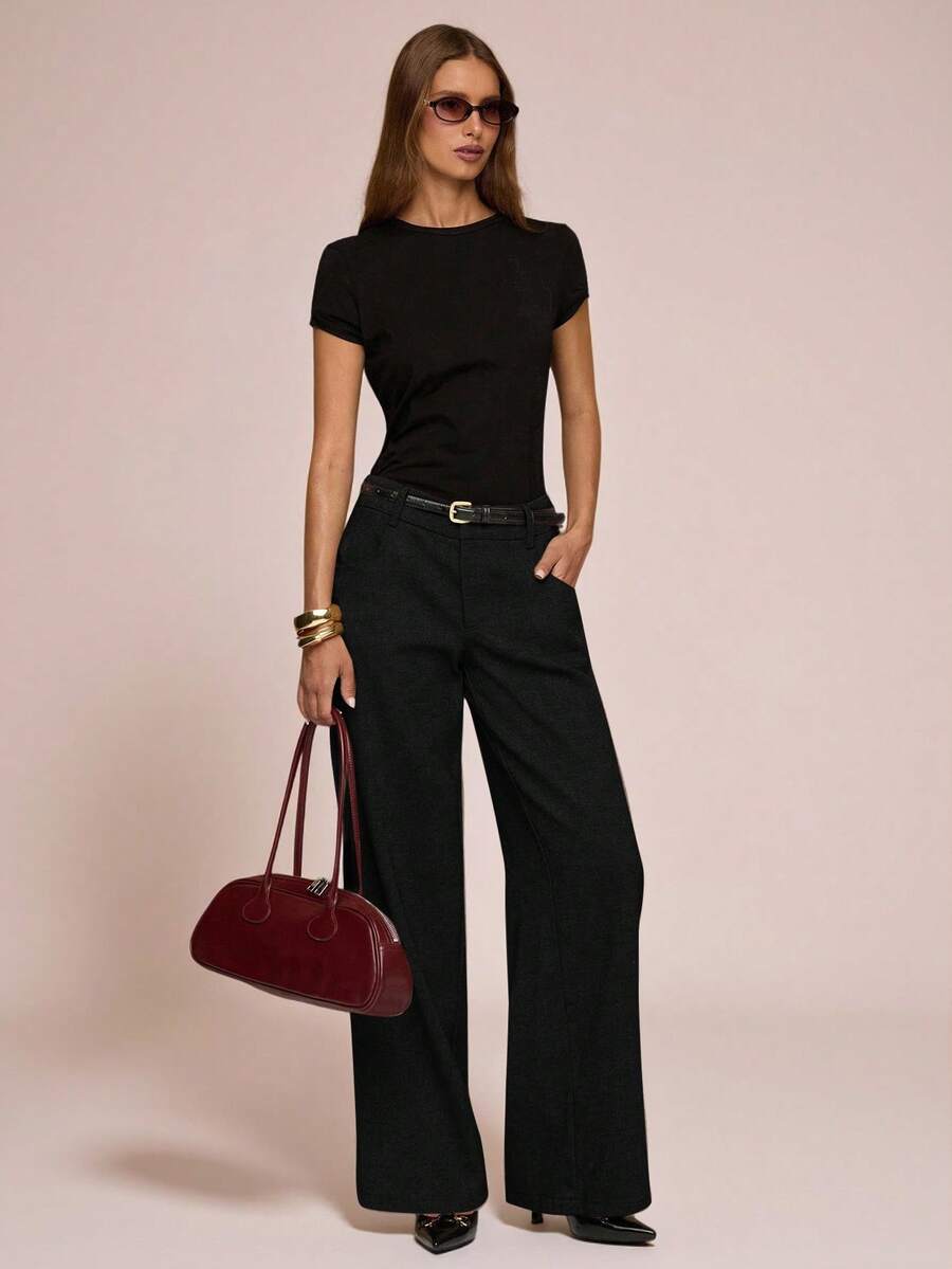 SHEIN BAE Damen Lässig Alltags Pendler einfache einfarbige Hose mit seitlichen Taschen und ...