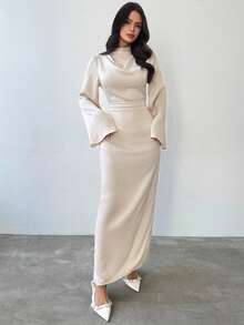 Firerie Women's Elegant Satin Long Dress,Beige Autumn Party Dress For ...