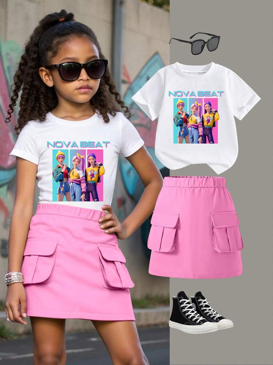 Sparklyn 2pcs/Set K-POP Girl Group Graphic Tee And Cargo Skirt Outfit ...