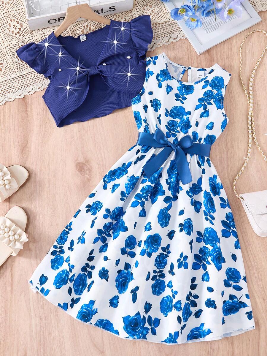 SHEIN 2pcs/Set Tween Girl Elegant Cap Sleeve Beaded Top And Floral ...