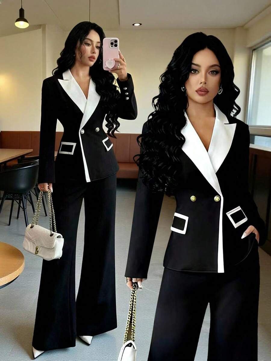 Elenzga Women's Elegant Black And White Color Block High-End Blazer ...