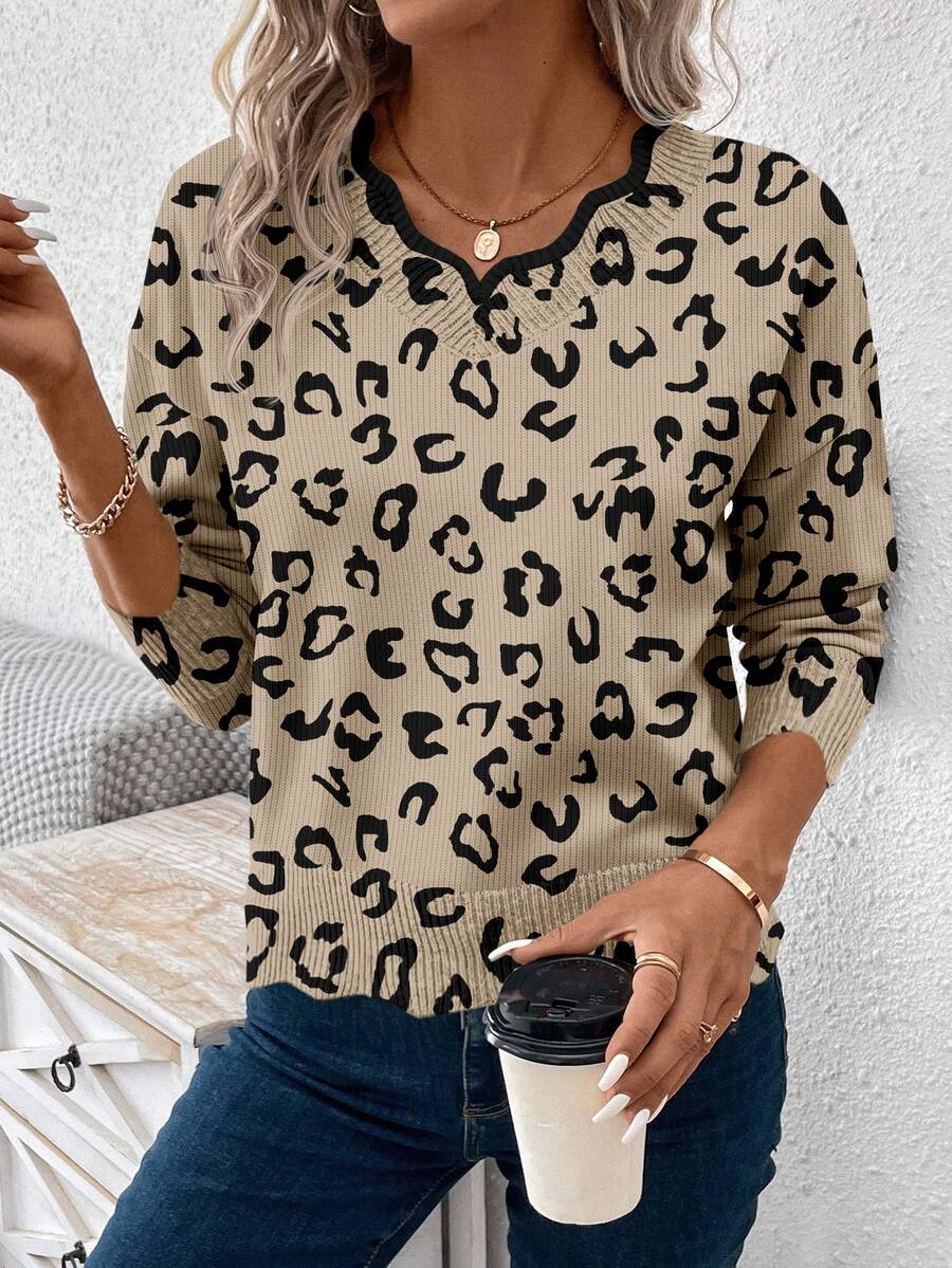 EMERY ROSE Suéter casual de mujer con estampado de leopardo y cuello en ...