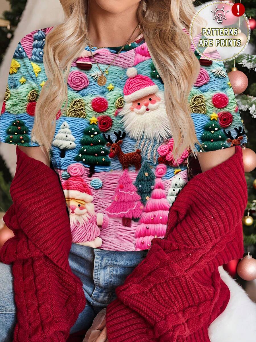 SHEIN LUNE Christmas Santa Claus & Christmas Tree Print Casual Loose ...