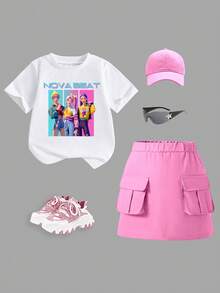 Sparklyn 2pcs/Set K-POP Girl Group Graphic Tee And Cargo Skirt Outfit ...