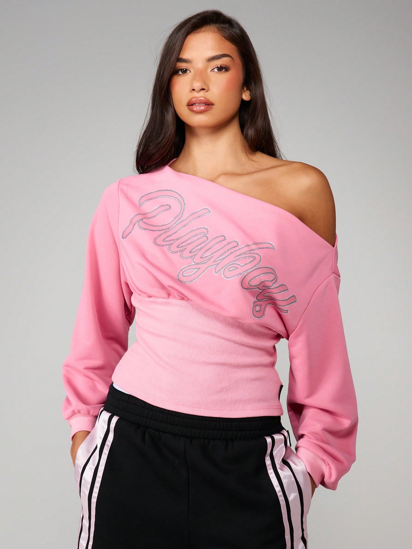 Missguided x Playboy Off Shoulder Sweatshirt With Rhinestone Text ...