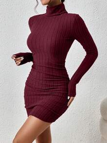 SHEIN Frenchy Women's Solid Color Turtleneck Long Sleeve Ruched Ribbed ...
