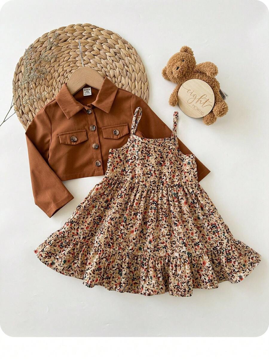 SHEIN Babygirl Ditsy Floral Casual Camisole Dress & Brown Jacket Set ...