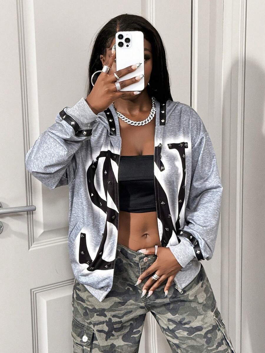 SHEIN BamGlam New Women's Drop-Shoulder Loose-Print Studded Punk Street ...