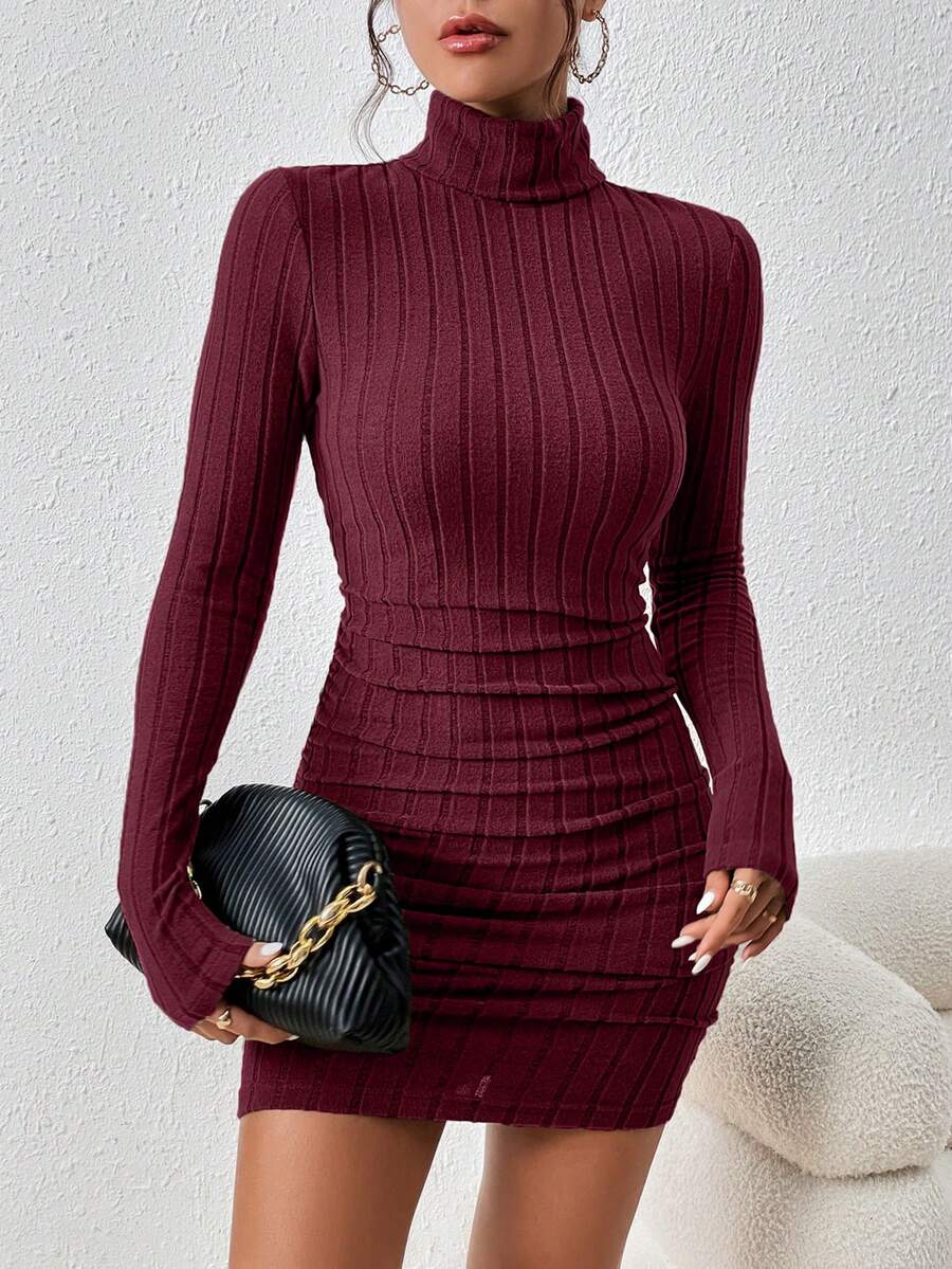 SHEIN Frenchy Women's Solid Color Turtleneck Long Sleeve Ruched Ribbed ...
