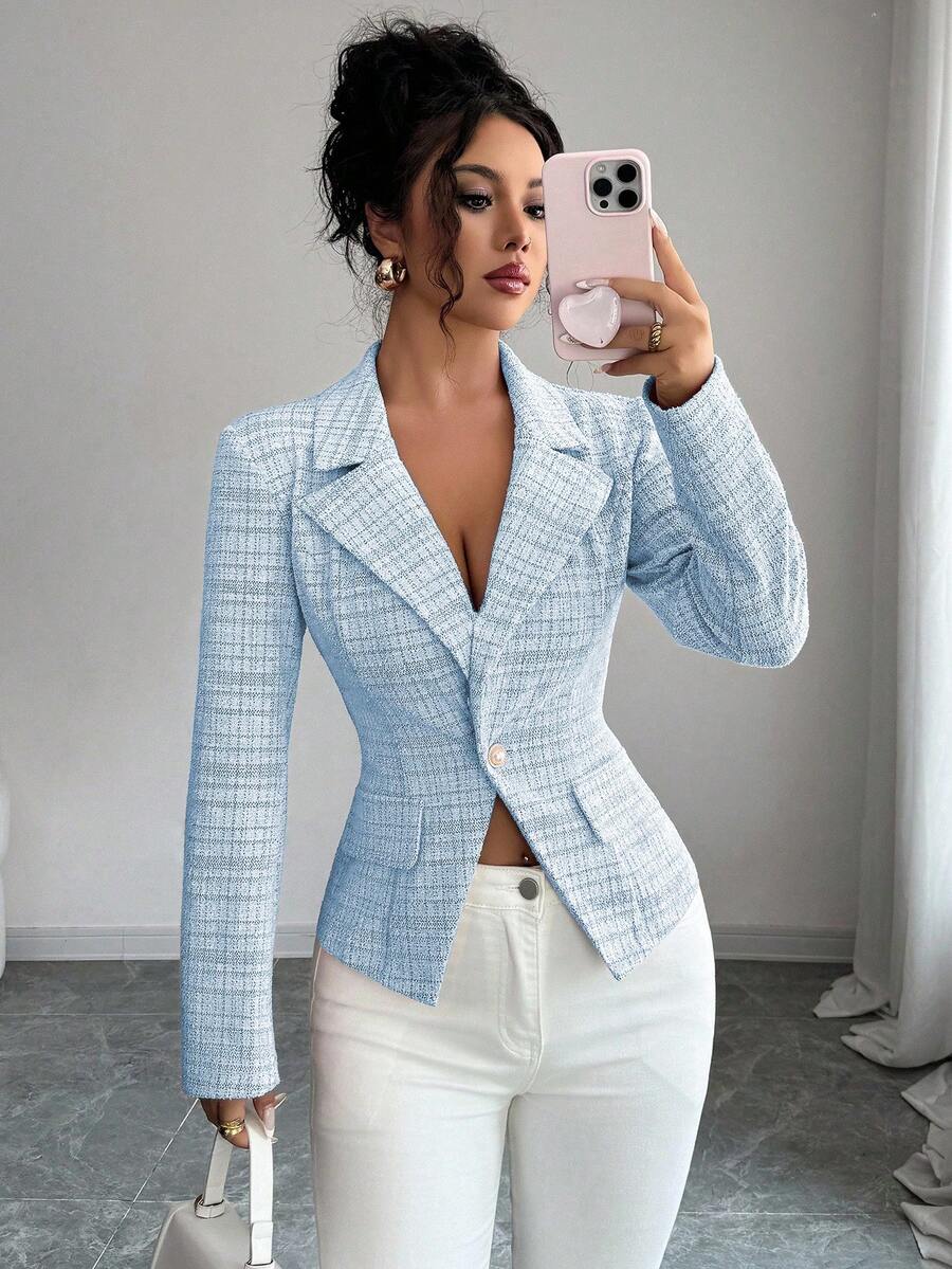 Elenzga Elegant Romantic Plaid Fabric Waist Cinched Long Sleeve Blazer ...
