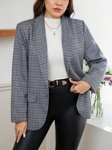 SHEIN LUNE Plus Size Women's Black And White Plaid Blazer Summer Casual ...