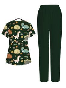 PopScrub Plus Size Women Dinosaur & Plant Cartoon Digital Print V-Neck ...