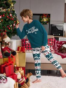 2pcs Boys Merry Christmas Letter & Deer Print Crew Neck Long Sleeve Top ...
