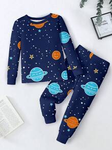 2pcs Toddler Boys' Cute Daily Space Planet Cartoon Pattern Crew Neck ...