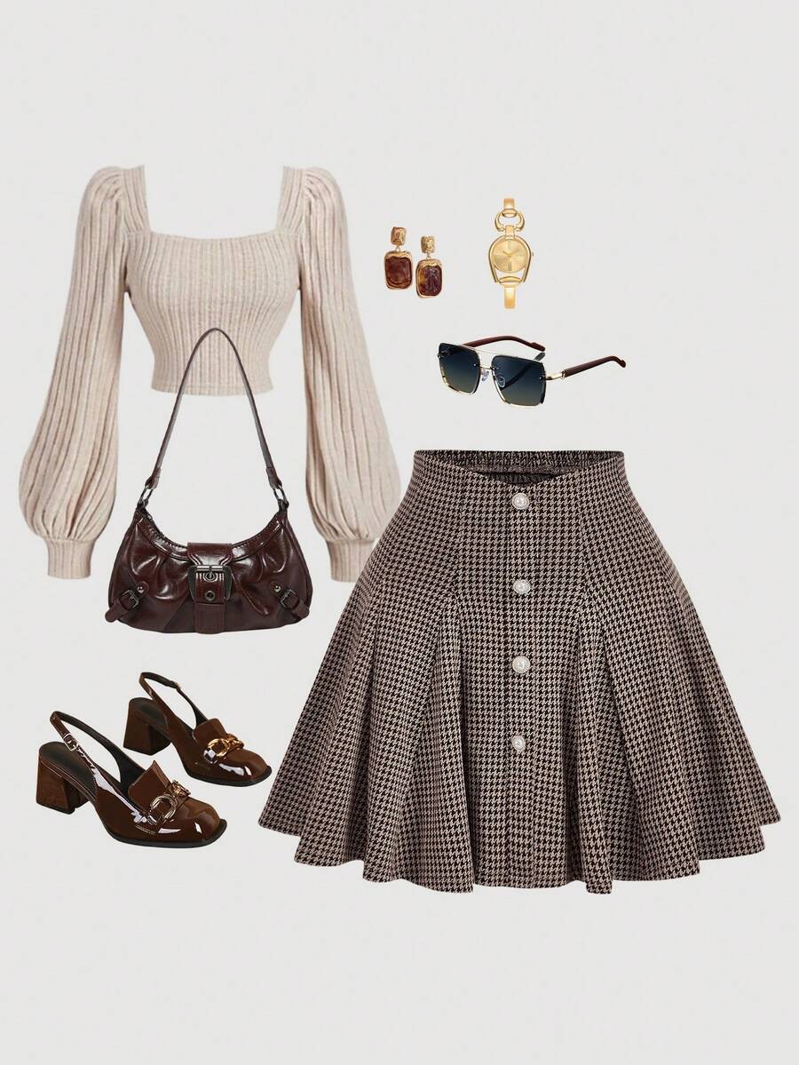 SHEIN MOD Plus Size Women Khaki Checkered High-Waisted Full Flare ...