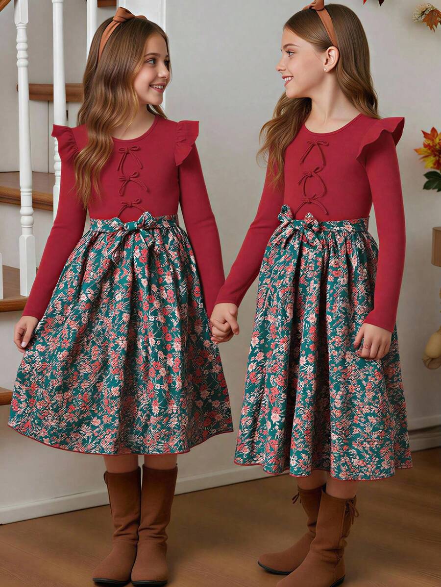 SHEIN 1pc Girls Elegant Round Neck Long Sleeve Ribbed Fabric Floral Hem ...