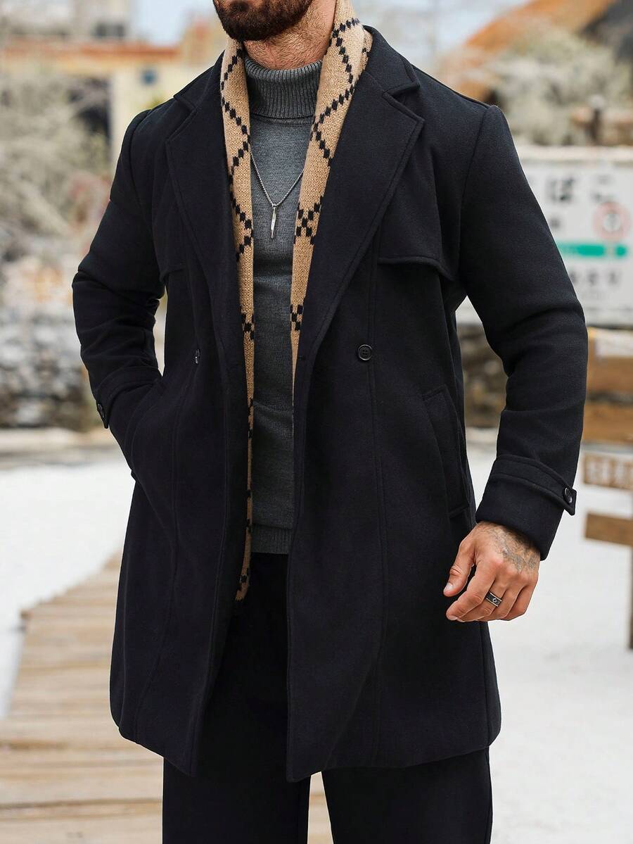 Manfinity CasualCool Men's Overcoat, Black Double-Breasted Woolen ...