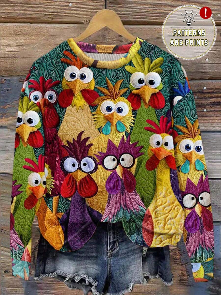 EMERY ROSE Casual Minimalist Printed Pattern Loose Fit Crew Neck Long ...