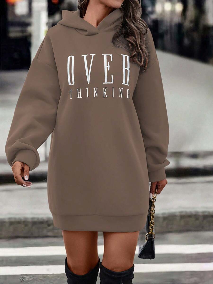 EMERY ROSE Women's Slogan Print Drop Shoulder Long Sleeve Casual Hooded ...