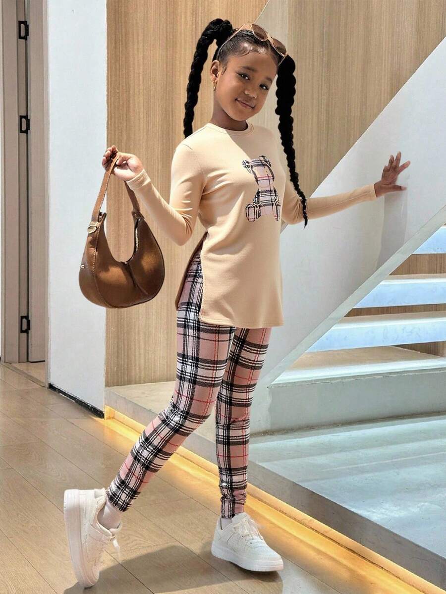 Tween Girl Casual Knit Bear Print Long Sleeve Top And Plaid Pattern ...