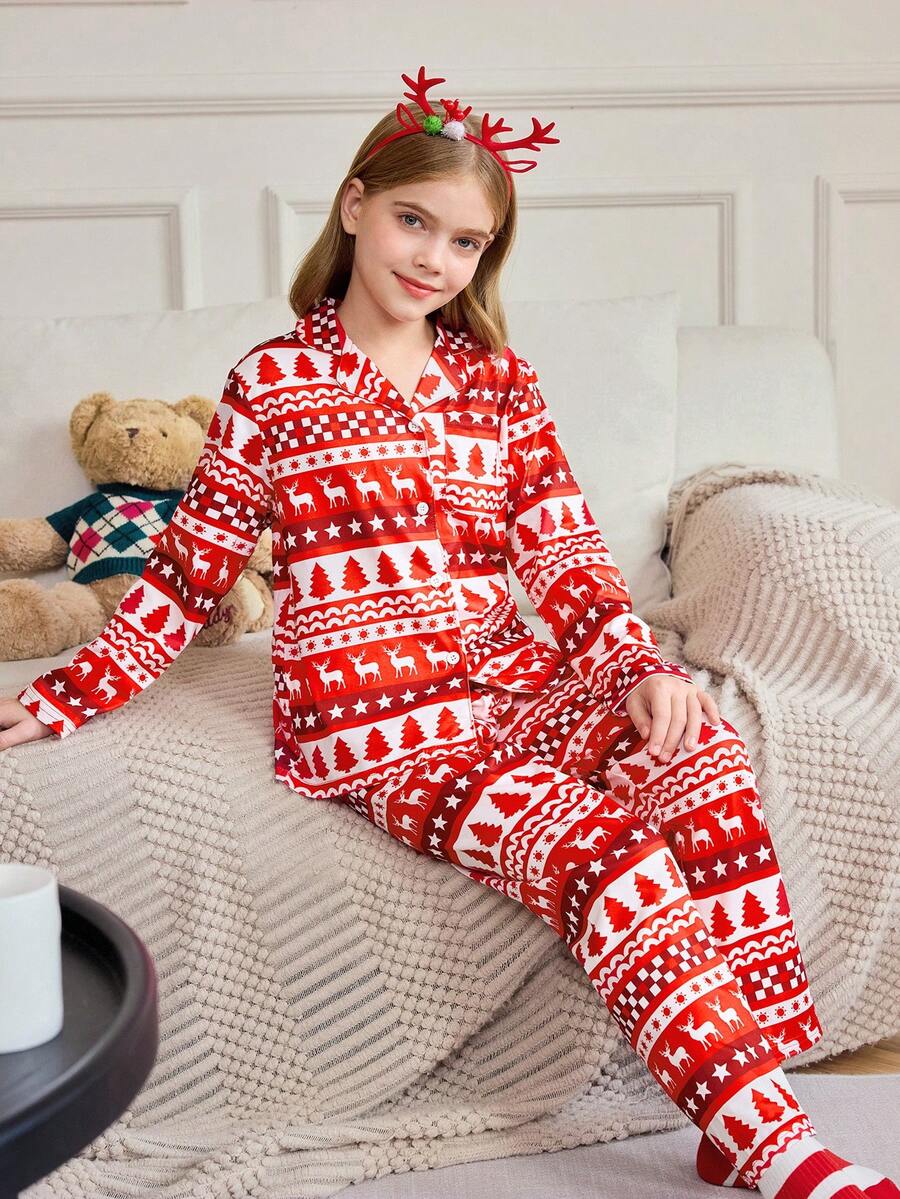 2pcs Christmas Red & White Striped Collar Long Sleeve Top + Pants ...