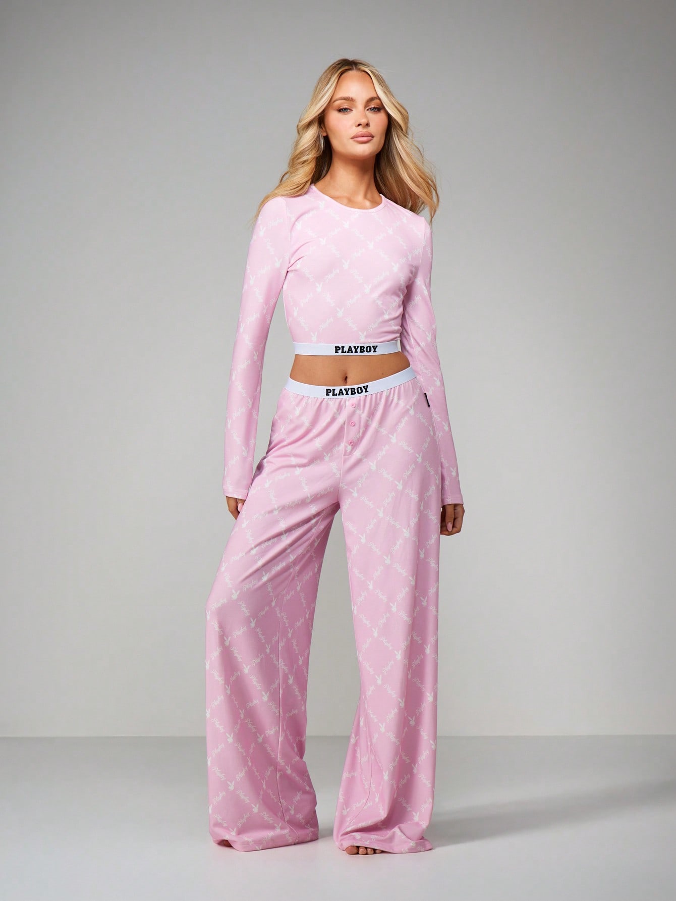 Missguided x Playboy Long Sleeve Crop Top With Wide Leg Pants Set ...
