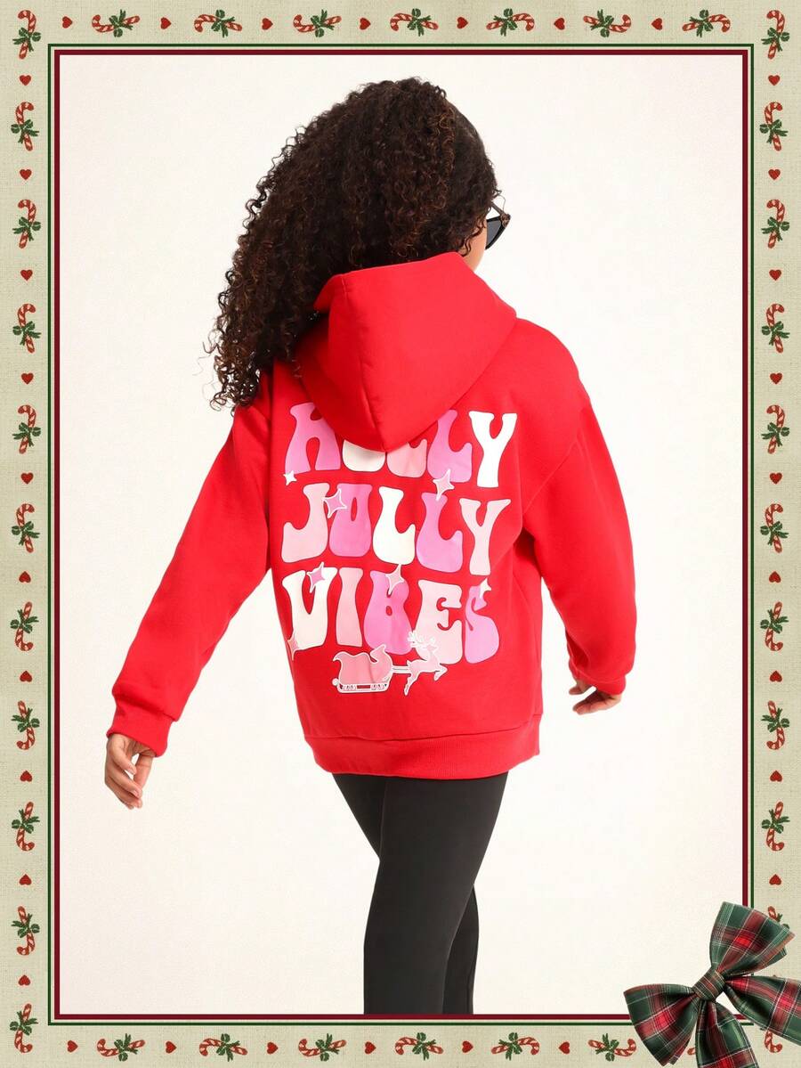 SUMWON Christmas Holly Jolly Vibes Hoodie For Tween Girls With Front ...
