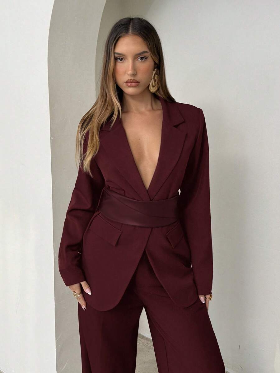 Aloruh Women's Elegant Commuter PU Patchwork Cinched Waist Loose Blazer ...