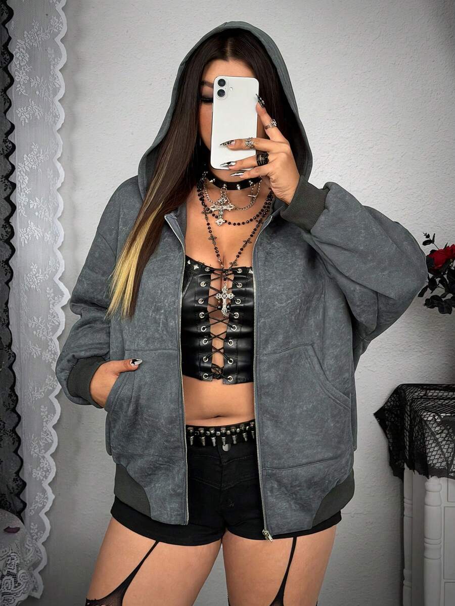 SHEIN Whyspr Grunge Punk Plus Size Women Dark Style Zip-Up Hoodie ...