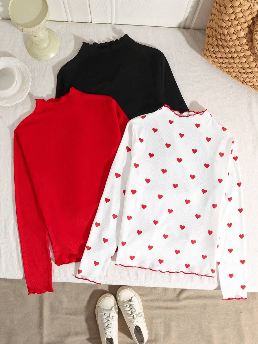 Tween Girl 3pcs Set Casual Basic Solid Ribbed Lettuce Trim Mock Neck ...