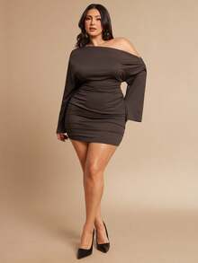 SHEIN BAE Plus Size Women's Chocolate Brown Asymmetrical Shoulder Dress ...