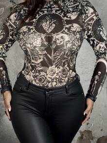 Whyspr Plus Size Punk Rock Mesh Overlay Graphic Print Elegant Vintage ...