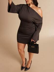 SHEIN BAE Plus Size Women's Chocolate Brown Asymmetrical Shoulder Dress ...