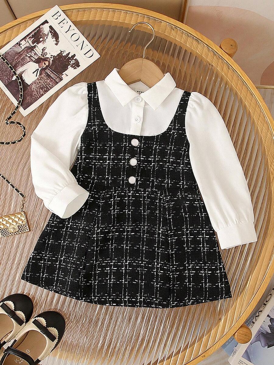 Cute Baby Girl Elegant Black White Color Block Turndown Collar Lantern ...