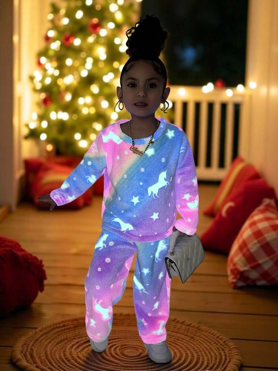 2pcs/Set Young Girl Fluorescent Rainbow Cartoon Pattern Crew Neck Long ...