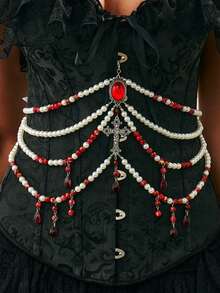 ROMWE 1pc Gothic Style Multi-Layer Bloody Pearl Beaded Cross Tassel ...