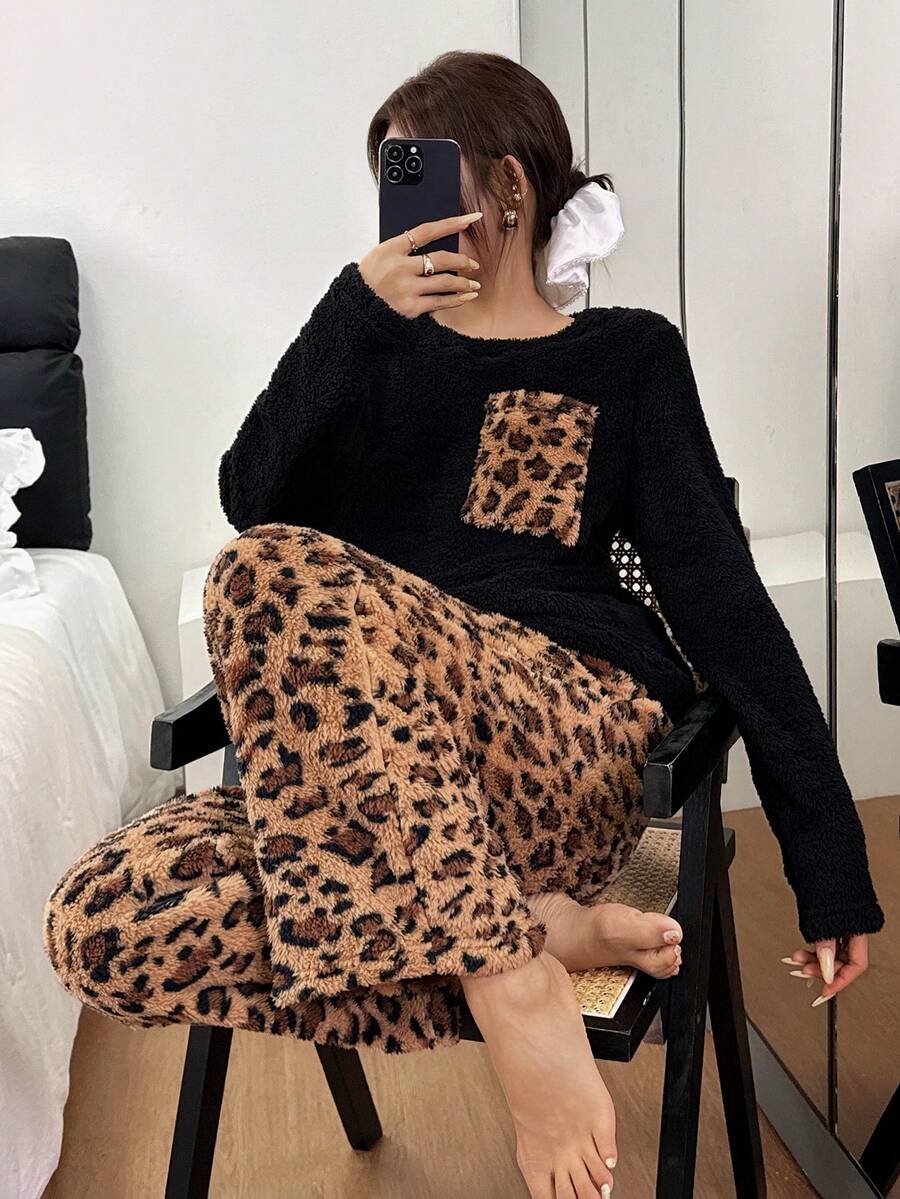 SHEIN Women Loose Cozy Contrast Color Pocket Long Sleeve Top & Leopard ...
